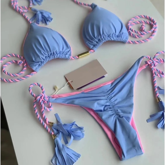 kelzposh | Swim | Blue Pink Scrunched Booty Twist String Bikini | Poshmark